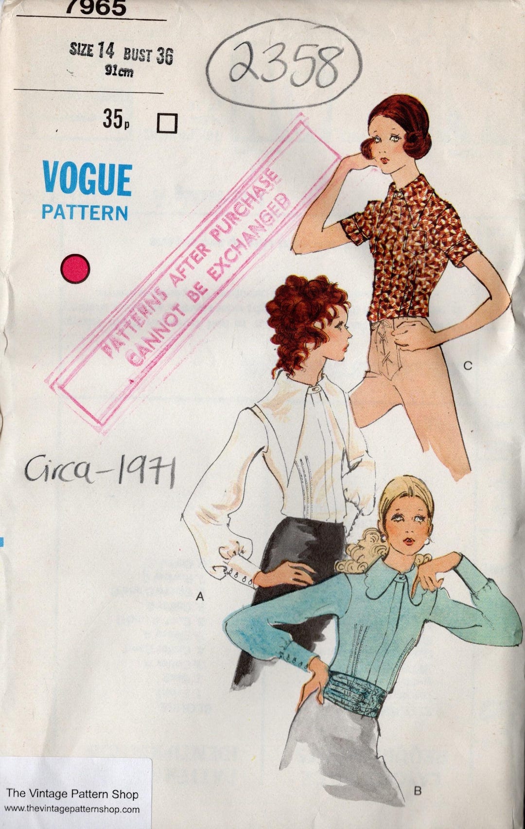 1971 Vintage VOGUE Sewing Pattern (b36") BLOUSE (2358) Vogue 7965 - Etsy