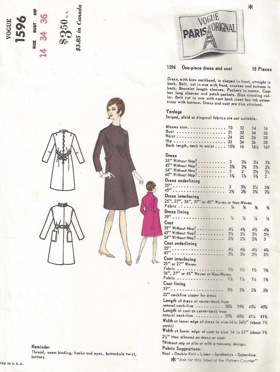 1966 Vintage VOGUE Sewing Pattern B34 DRESS & COAT (1783) by Jacques ...