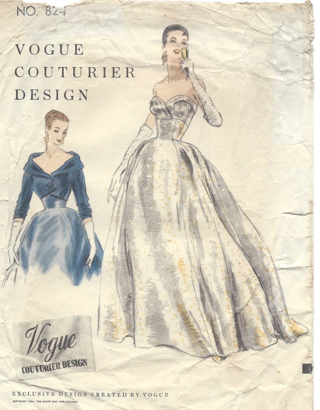 1954 Vintage VOGUE Sewing Pattern B32 DRESS EVENING Gown Bolero Jacket ...
