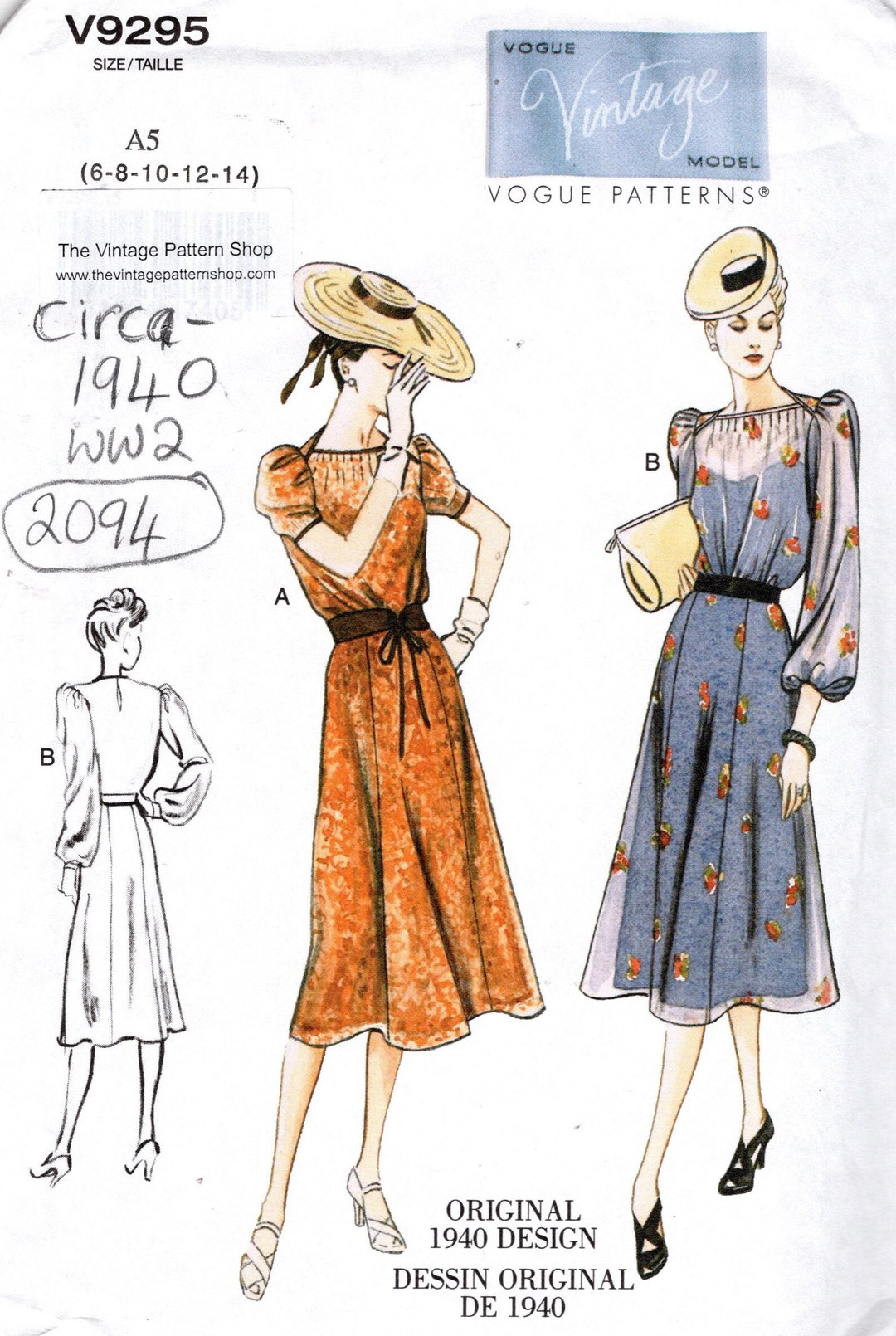 1940 WW2 Vintage VOGUE Sewing Pattern B30.5 - 31.5 - 32.5 - 34 - 36 ...