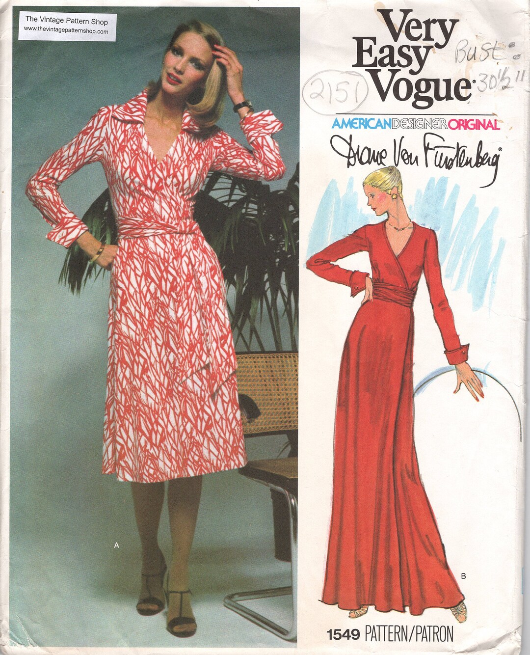 1976 Vintage VOGUE Sewing Pattern WRAP DRESS B30 1/2″ (2151) Diane Von ...