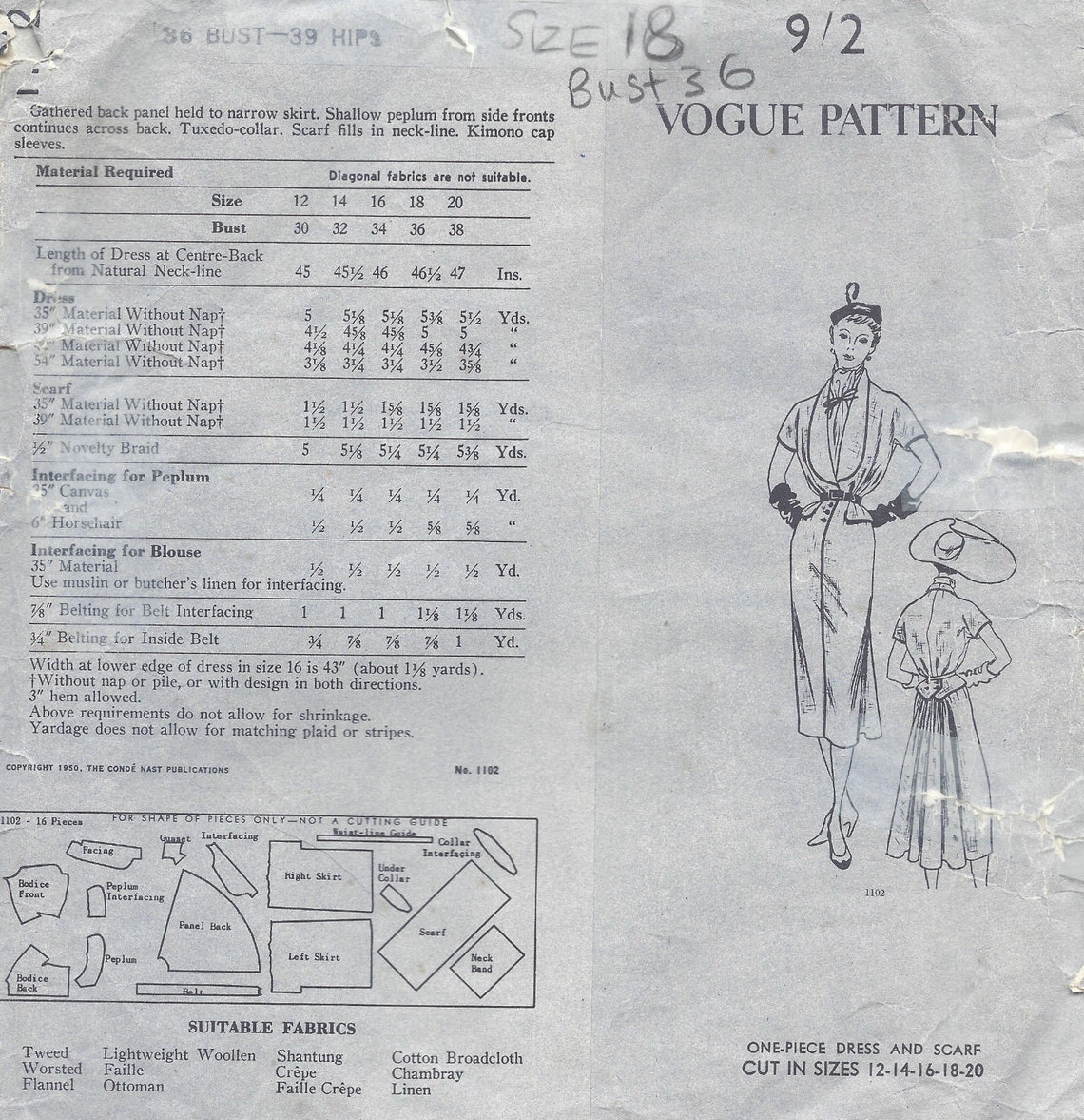 1950 Vintage VOGUE Sewing Pattern B36 DRESS & SCARF (1489) by Jacques ...