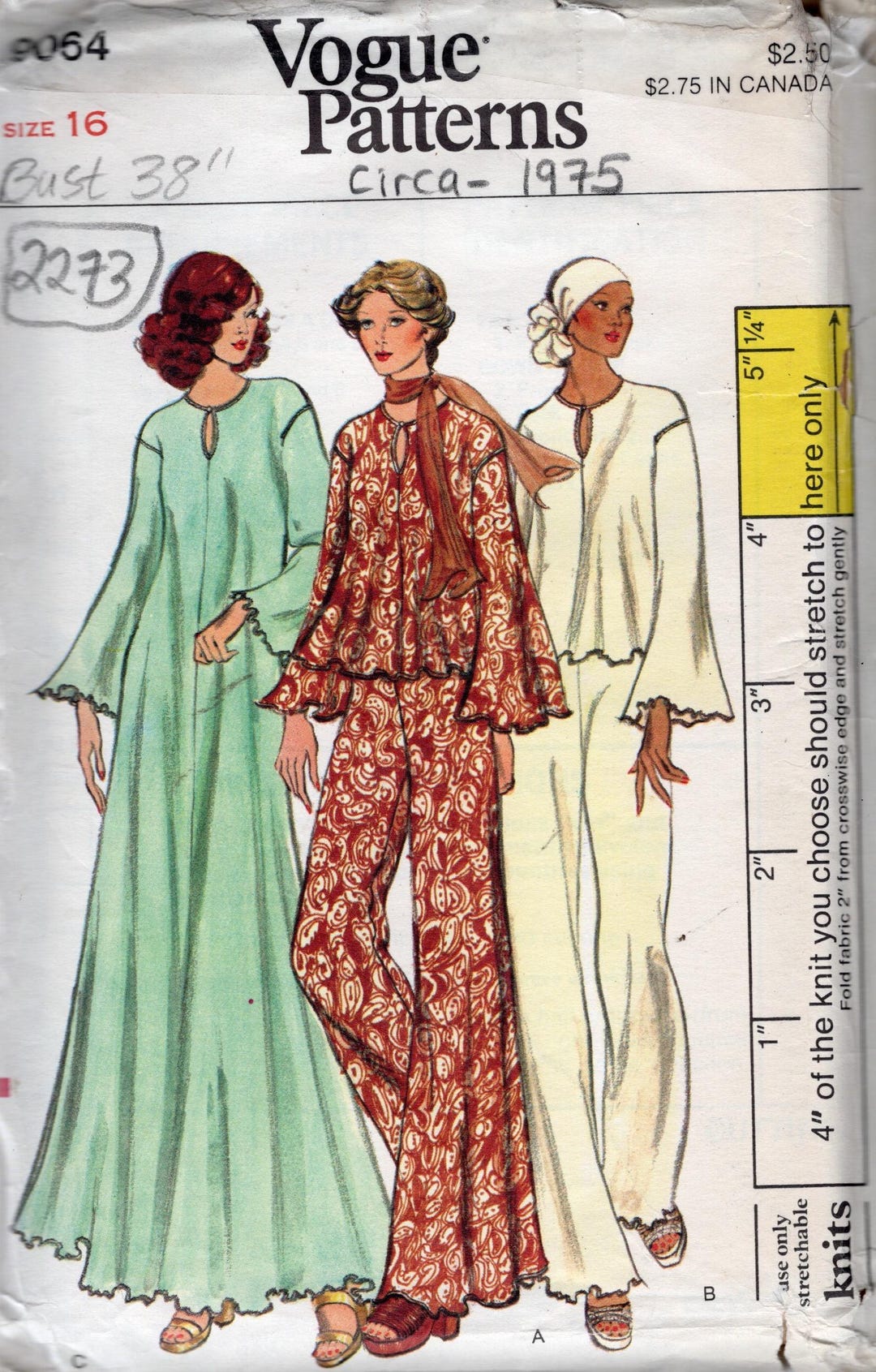 1975 Vintage VOGUE Sewing Pattern B38” Dress Gown Pants Top (2273 ...