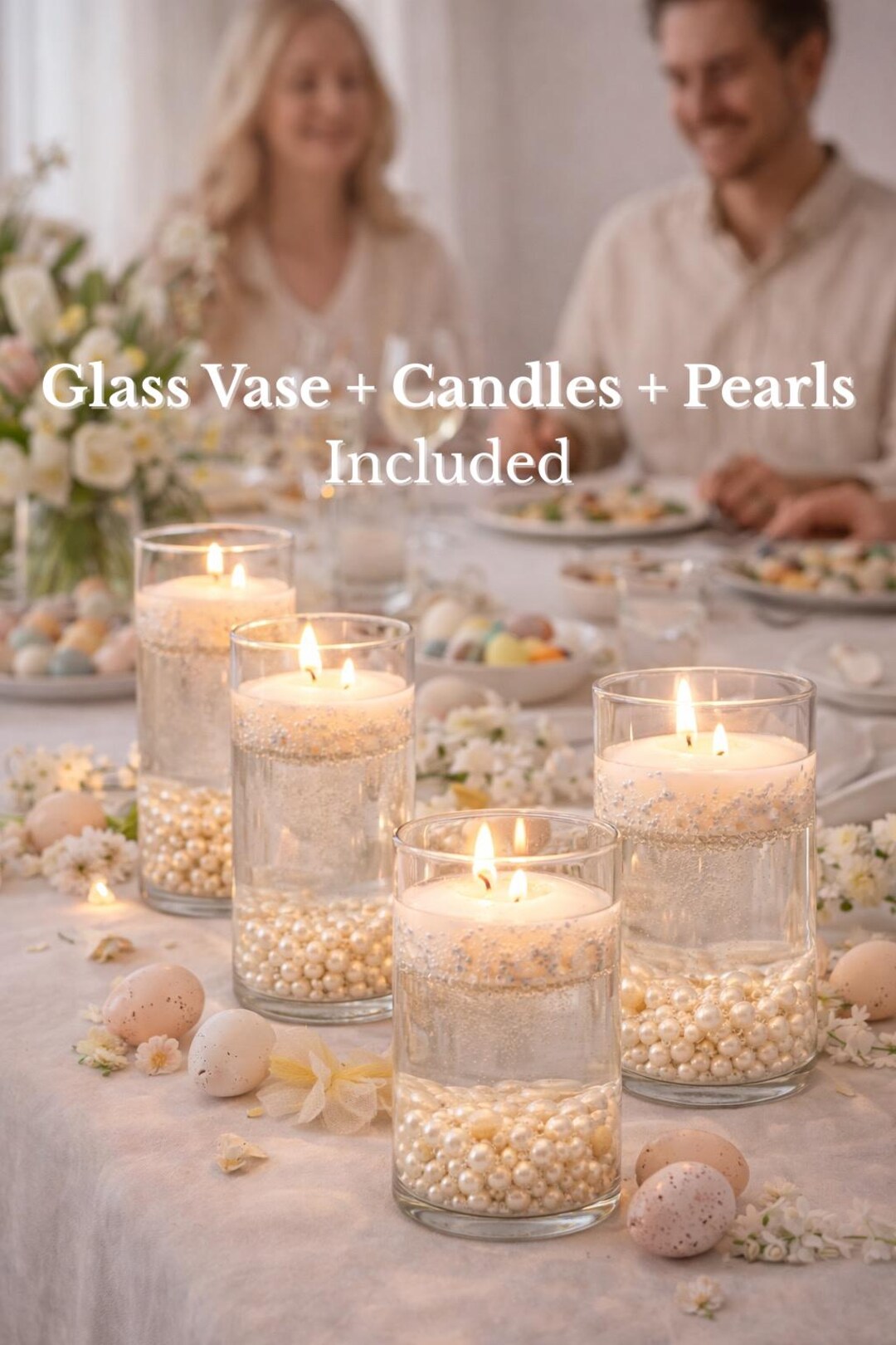 Floating Pearl Candle Centerpiece Set – Glass Cylinder Vase With ...