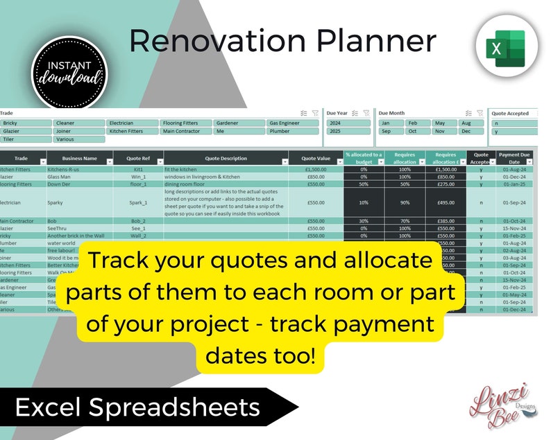Renovation Planner for EXCEL, Home Reno Tracker, Building Work Planner ...