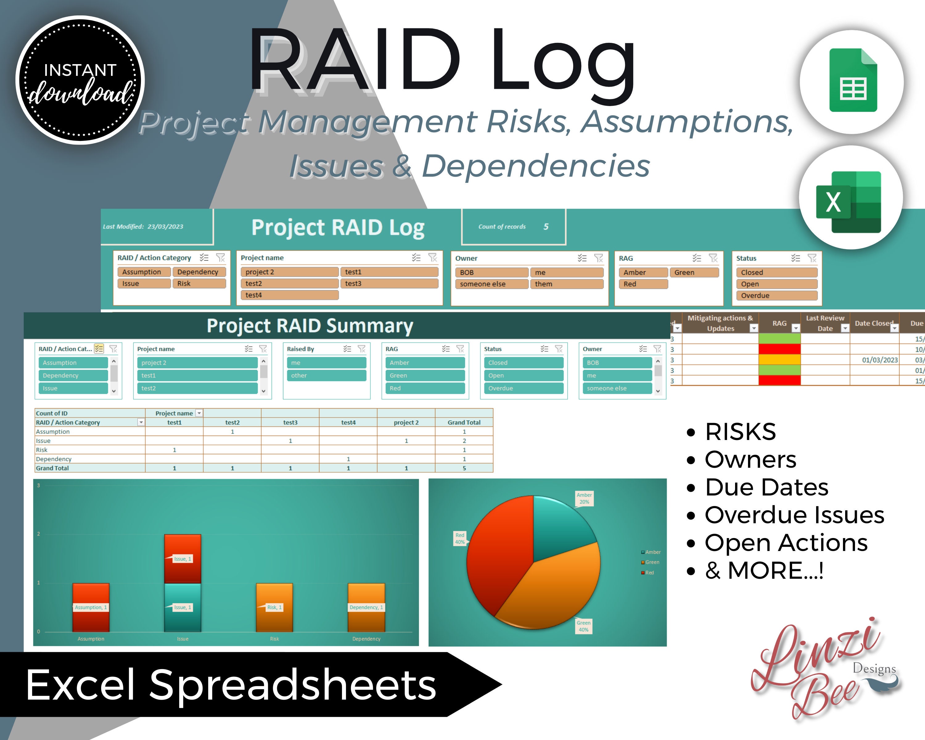 Project Management Raid Log, Risk Tracker, Actions Log, RACI, PMO Tracker, Task Tracker Excel ...
