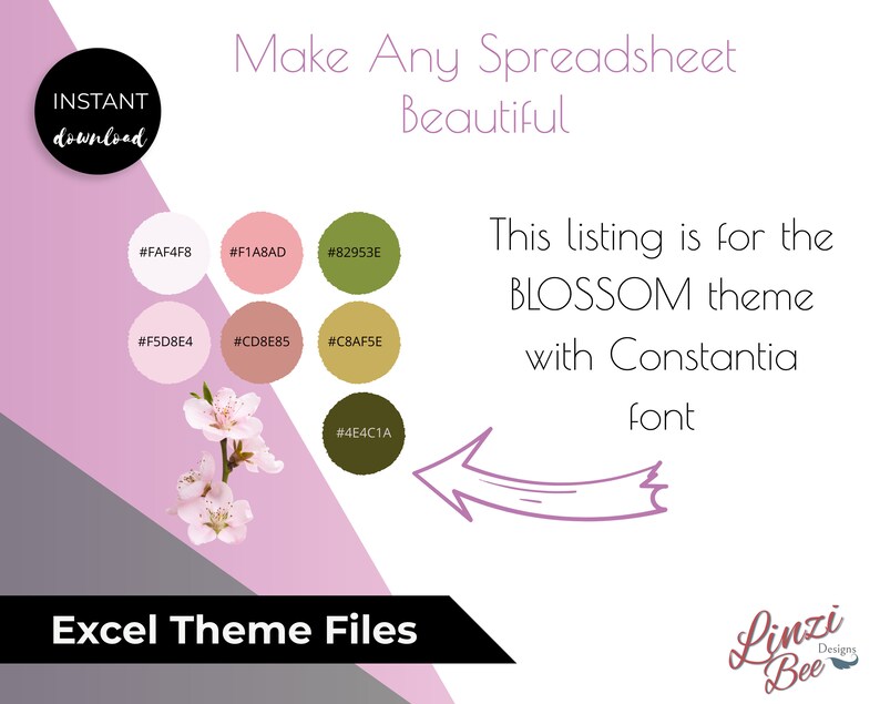 Excel Theme File for Beautiful Spreadsheets, Excel Pretty Colors, Pink ...