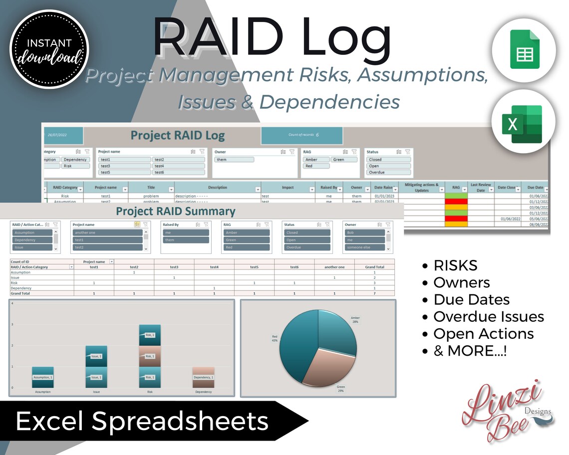 Project Management RAID Log: Risk, Issue, Action Tracker (excel ...