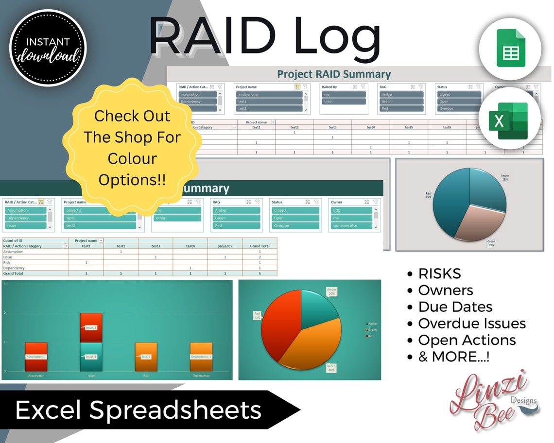 Project Management Raid Log, Risk Tracker, Actions Log, RACI, PMO Tracker, Task Tracker Excel ...