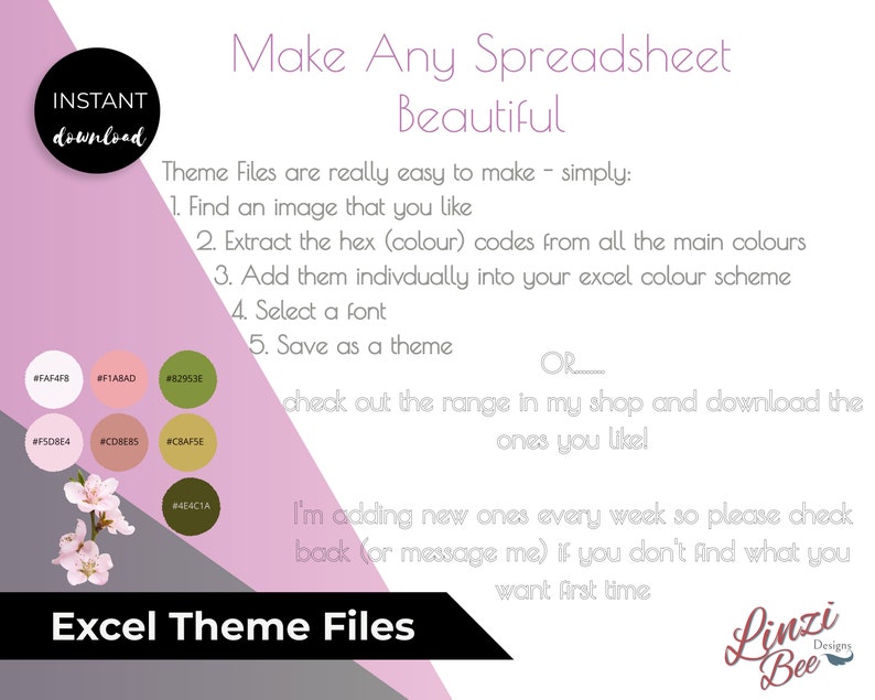 Excel Theme File for Beautiful Spreadsheets, Excel Pretty Colors, Pink ...