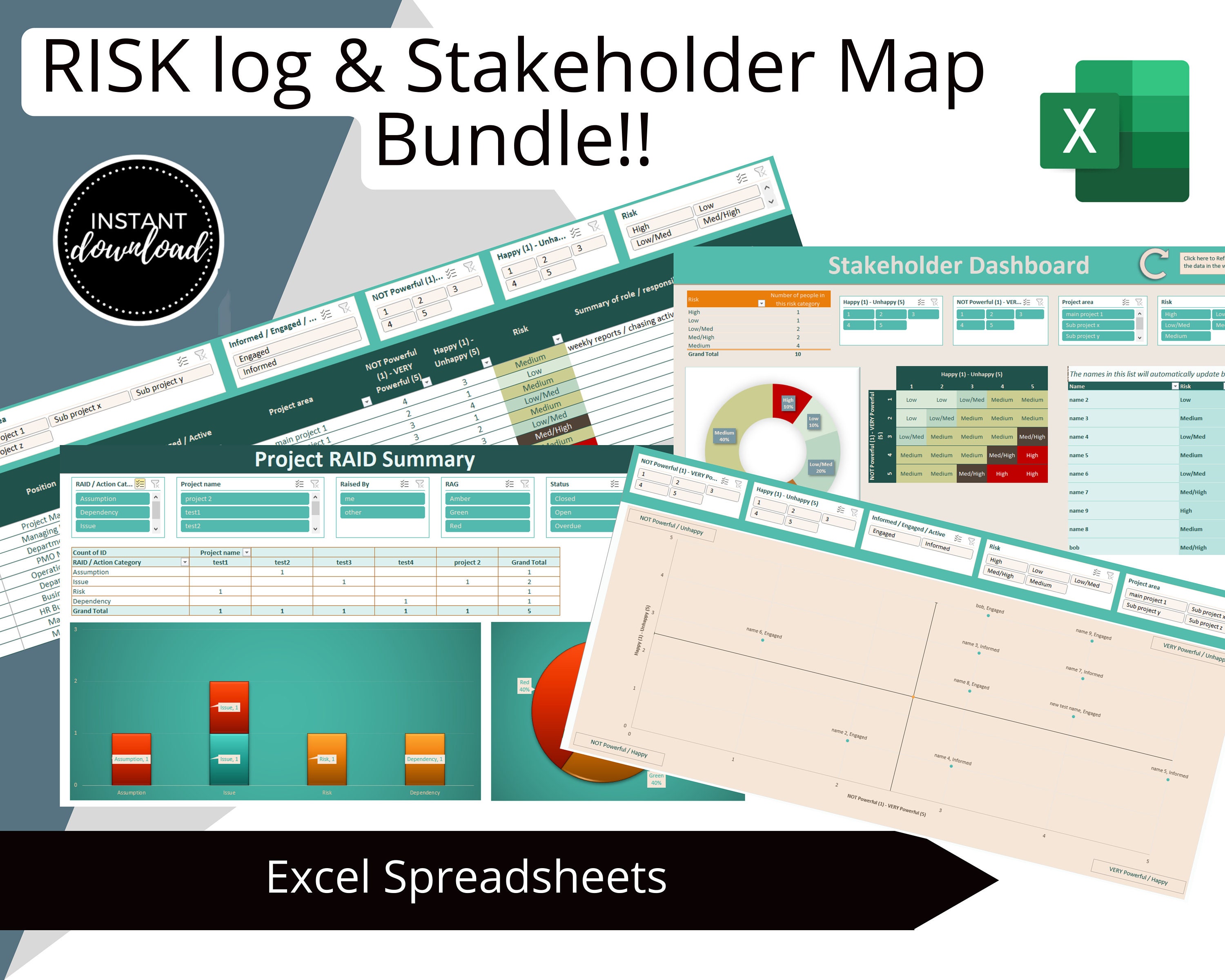 Stakeholder Map & Risk Log Excel Bundle, Project Management RAID ...