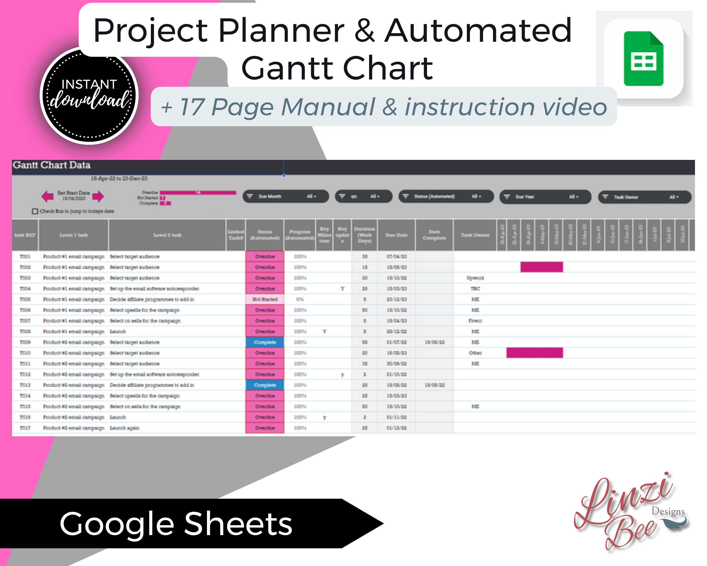 Project Planning Dashboard for Google Sheets, Automated Gantt Chart, Project Tracker, Task ...