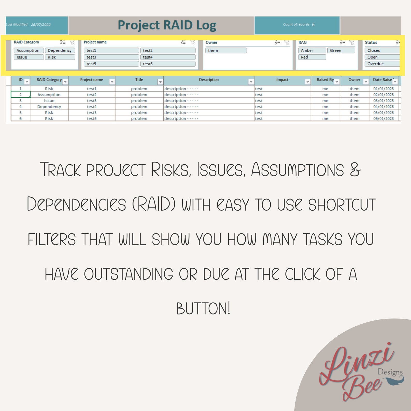 Project Management Raid Log, Risk Tracker, Actions Log, RACI, PMO ...