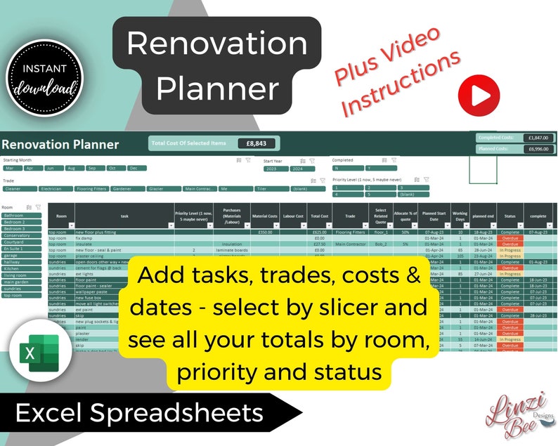 Renovation Planner for EXCEL, Home Reno Tracker, Building Work Planner ...