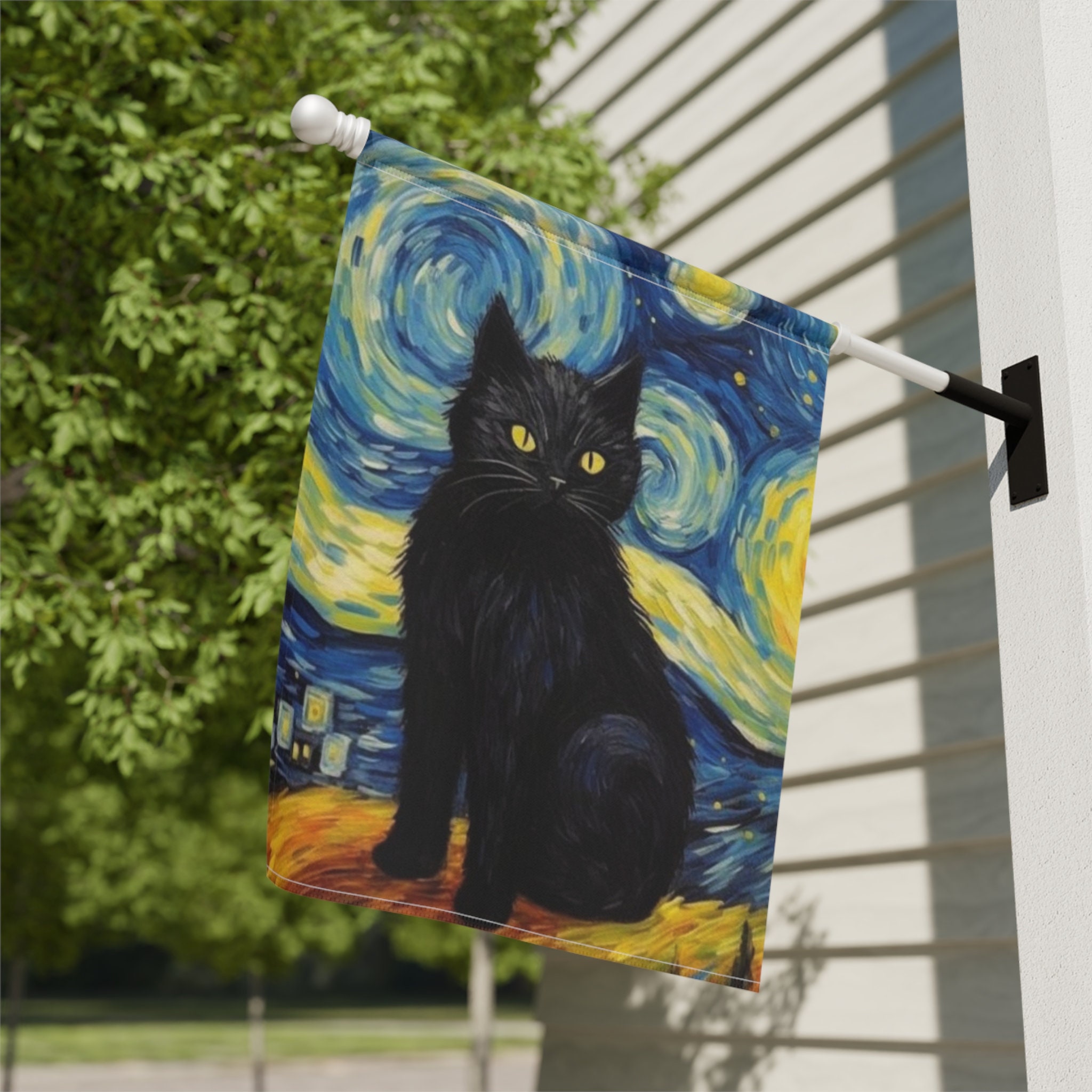 Black Cat Starry Night, Garden & House Banner, Black Cat Garden Flag ...