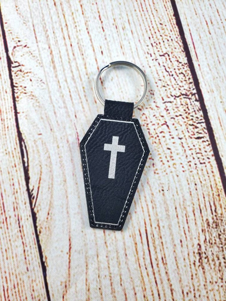 Black Coffin and Skeleton Halloween Keychains - Engraved Vegan Leather ...