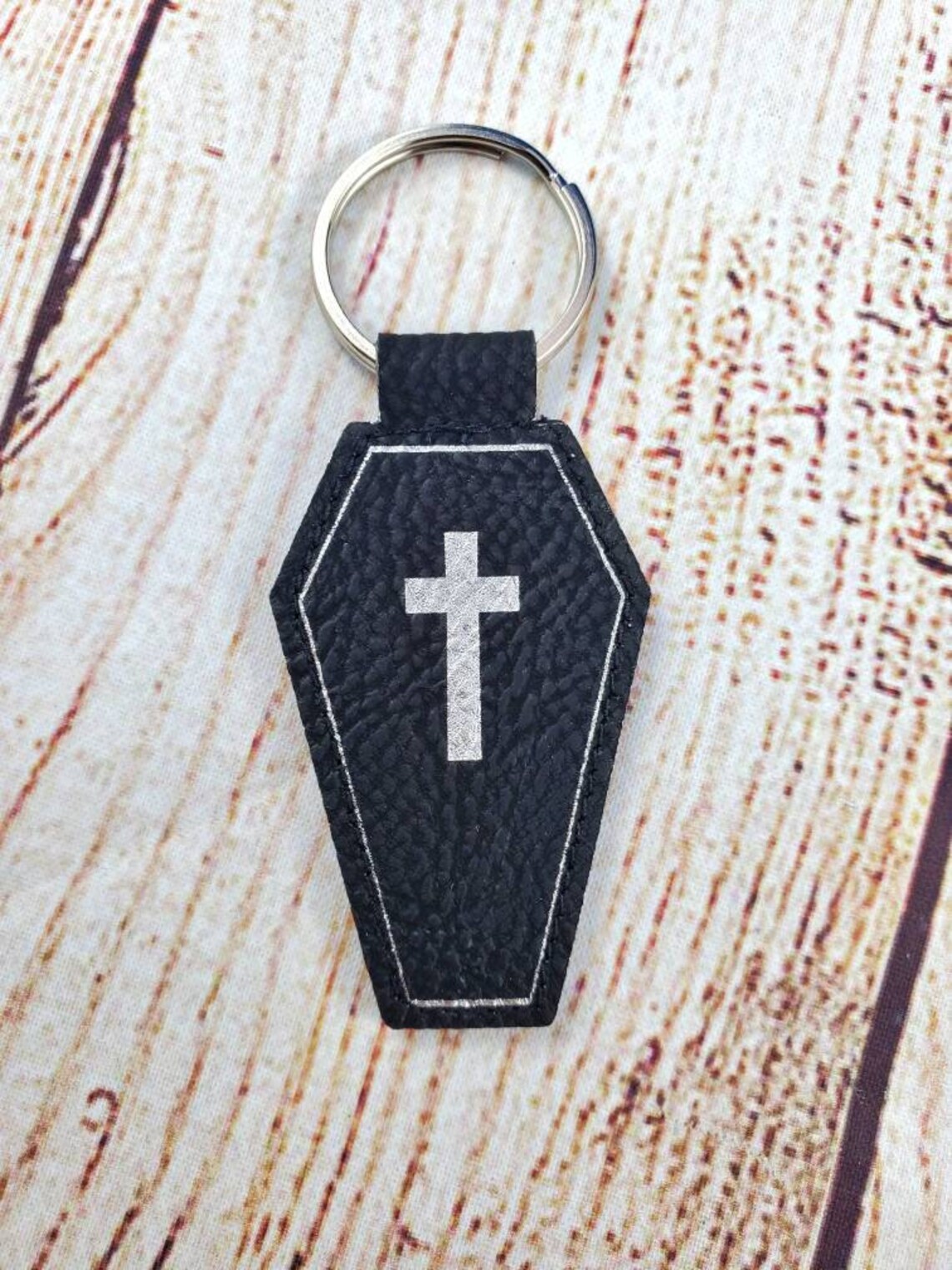 Black Coffin and Skeleton Halloween Keychains - Engraved Vegan Leather ...