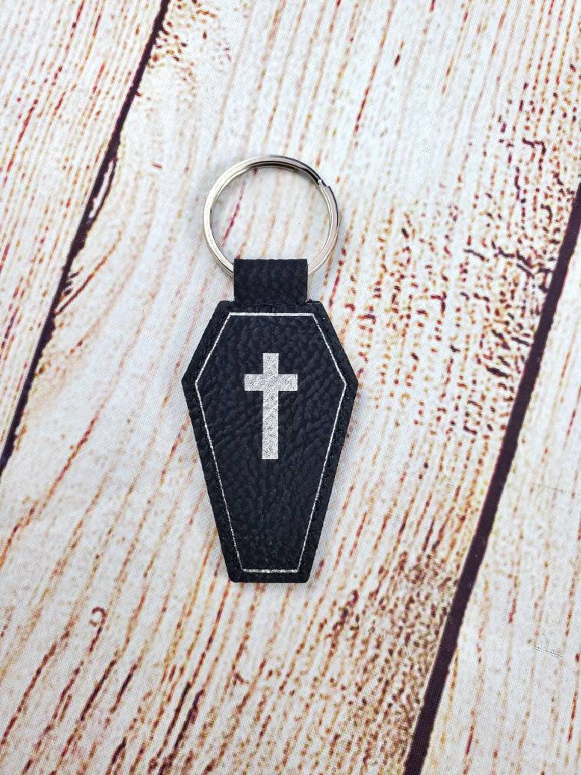Black Coffin and Skeleton Halloween Keychains - Engraved Vegan Leather ...