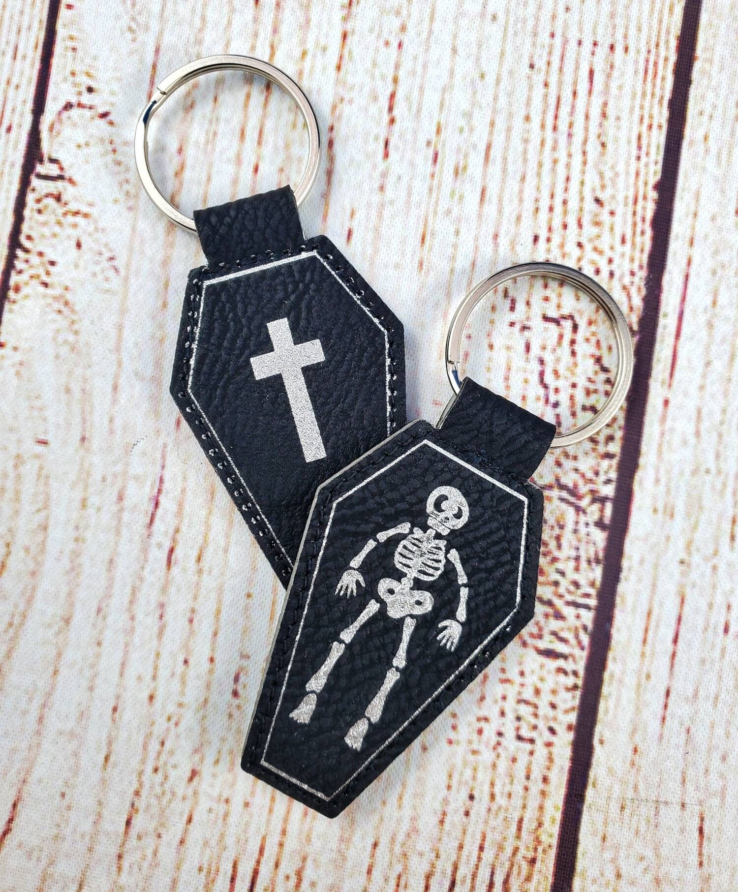 Black Coffin and Skeleton Halloween Keychains - Engraved Vegan Leather ...