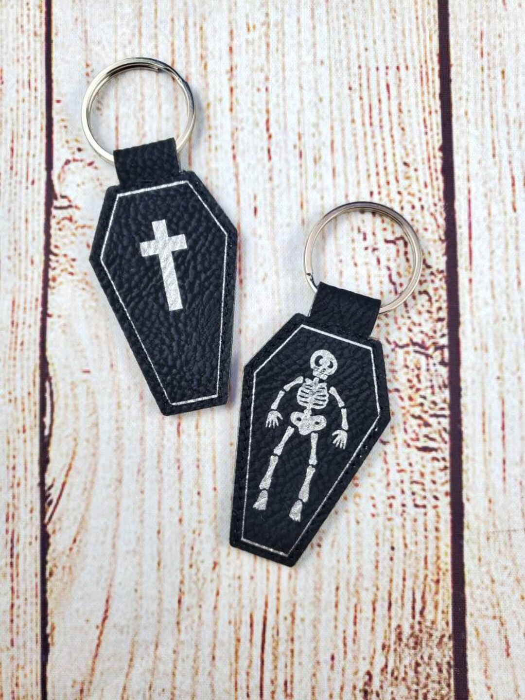 Black Coffin and Skeleton Halloween Keychains - Engraved Vegan Leather ...