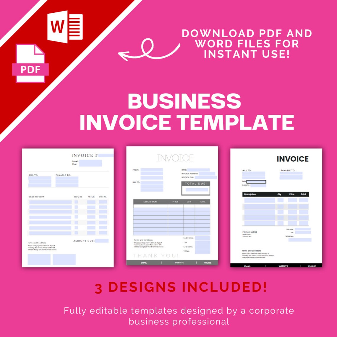 Business Invoice Template - 3 Options - Instant Download - Customizable ...