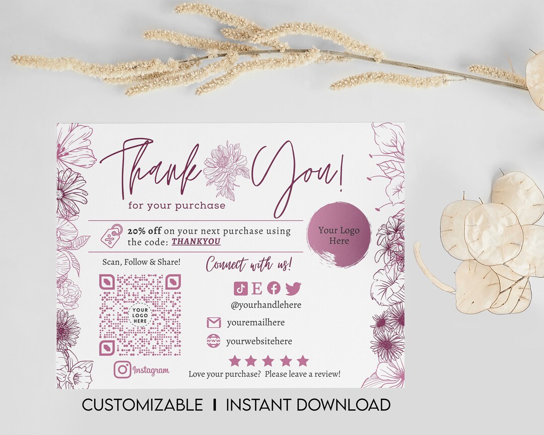 Floral Printable Thank You Cards QR Code Business Template - Etsy
