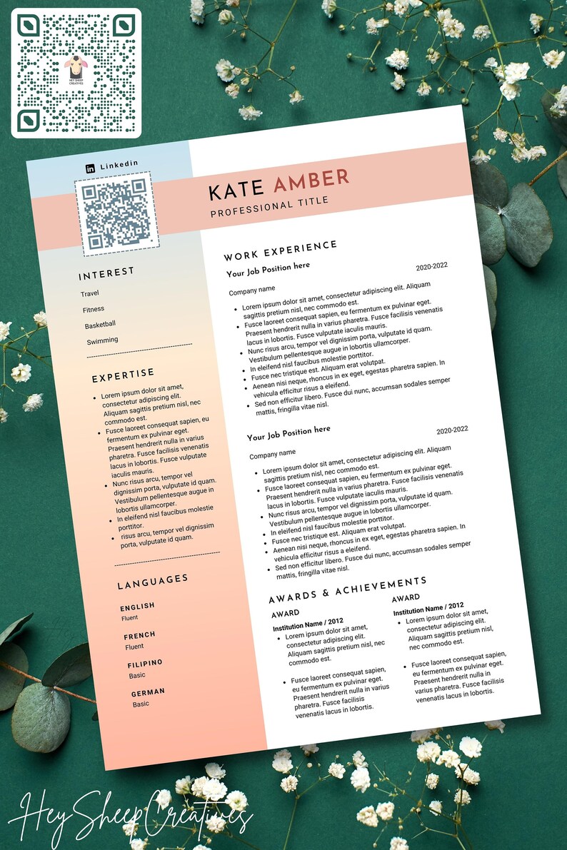 Modern Gradient Resume Template QR Code Professional Resume - Etsy