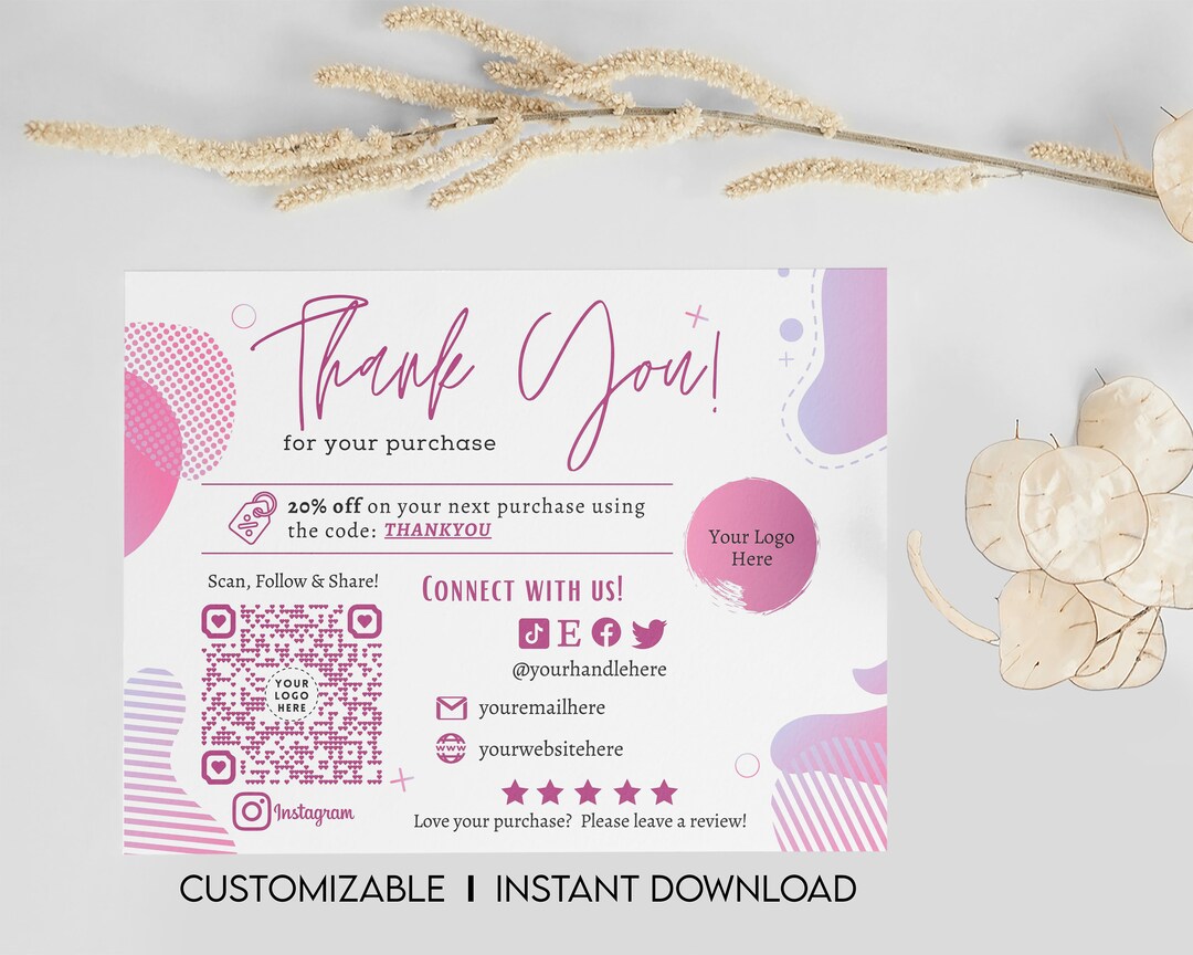 Pink Printable Thank You Cards QR Code Business Template Etsy - Etsy