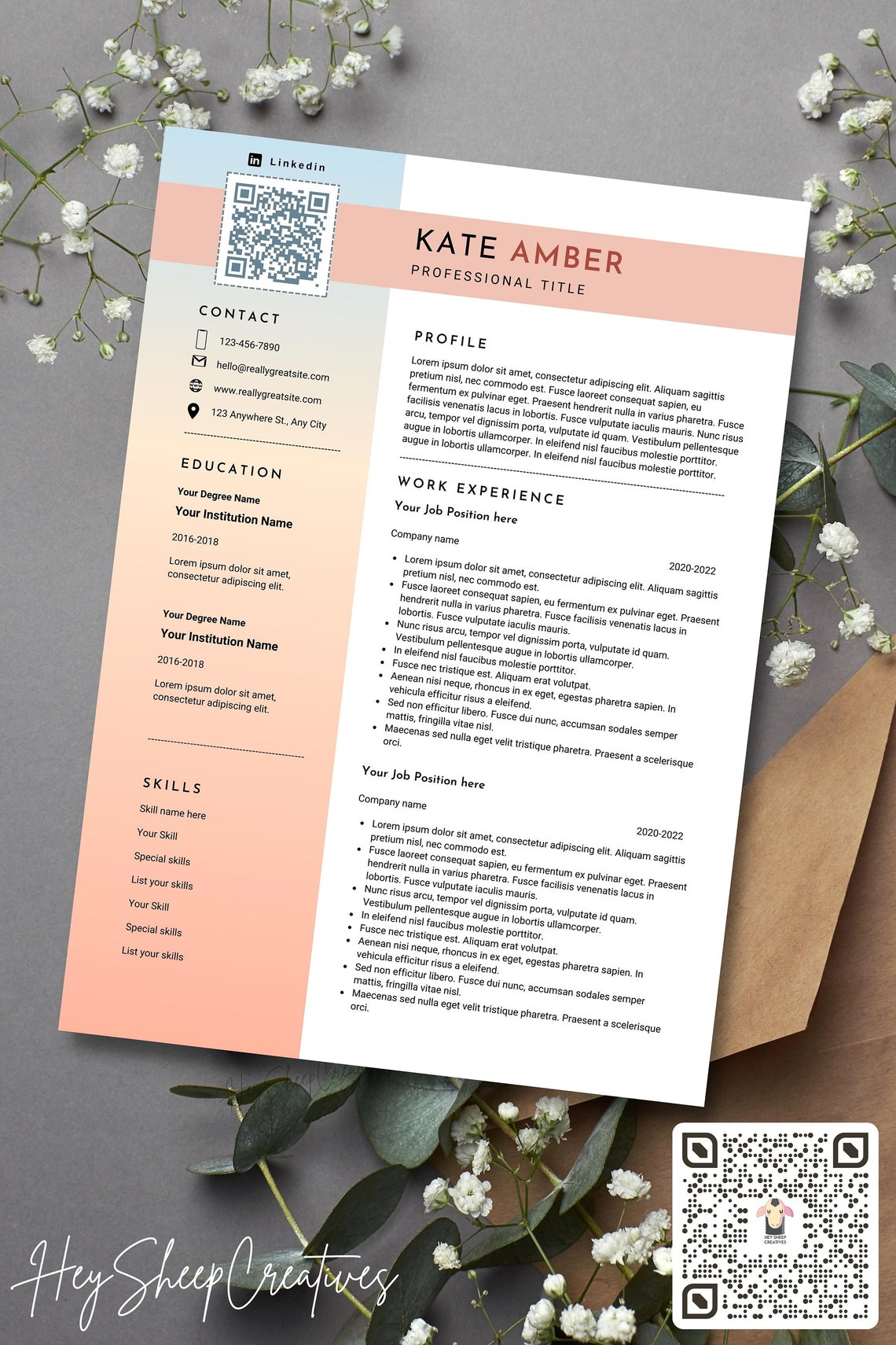 Modern Gradient Resume Template QR Code Professional Resume - Etsy