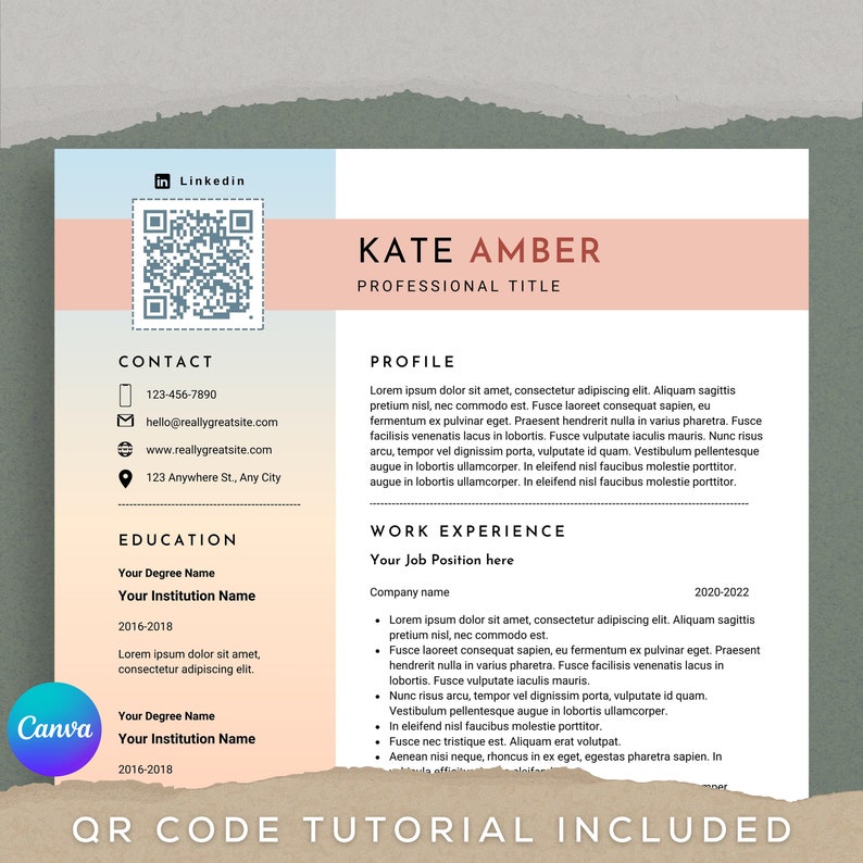 Modern Gradient Resume Template QR Code Professional Resume - Etsy