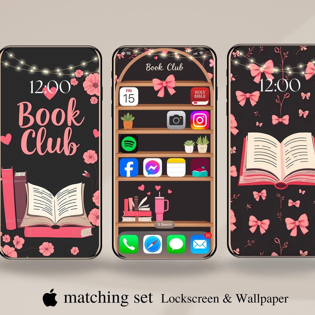 Book Club iPhone Bookshelf Wallpaper Large Icons Friendly 3-pack ...