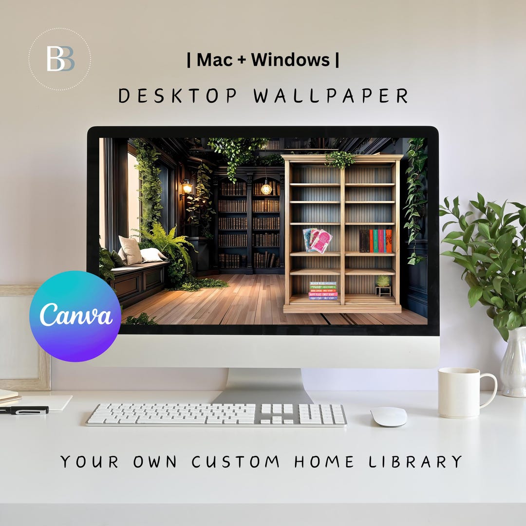 Custom Home Library Desktop Wallpaper | Editable Canva Template | Dark ...