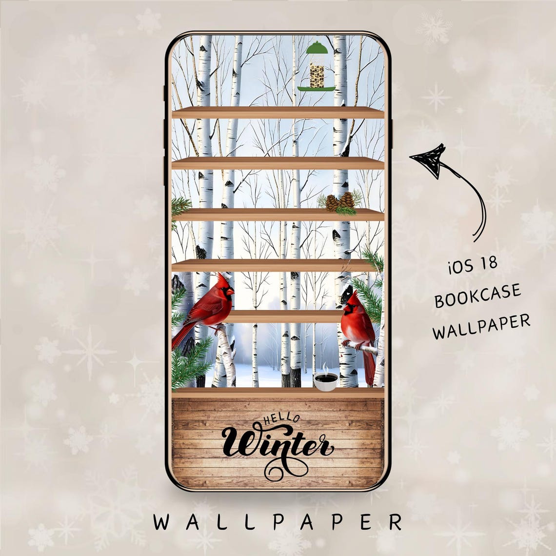 Warm Winter Bookshelf Wallpaper Bundle for iPhone Ios 18 Large Icons ...