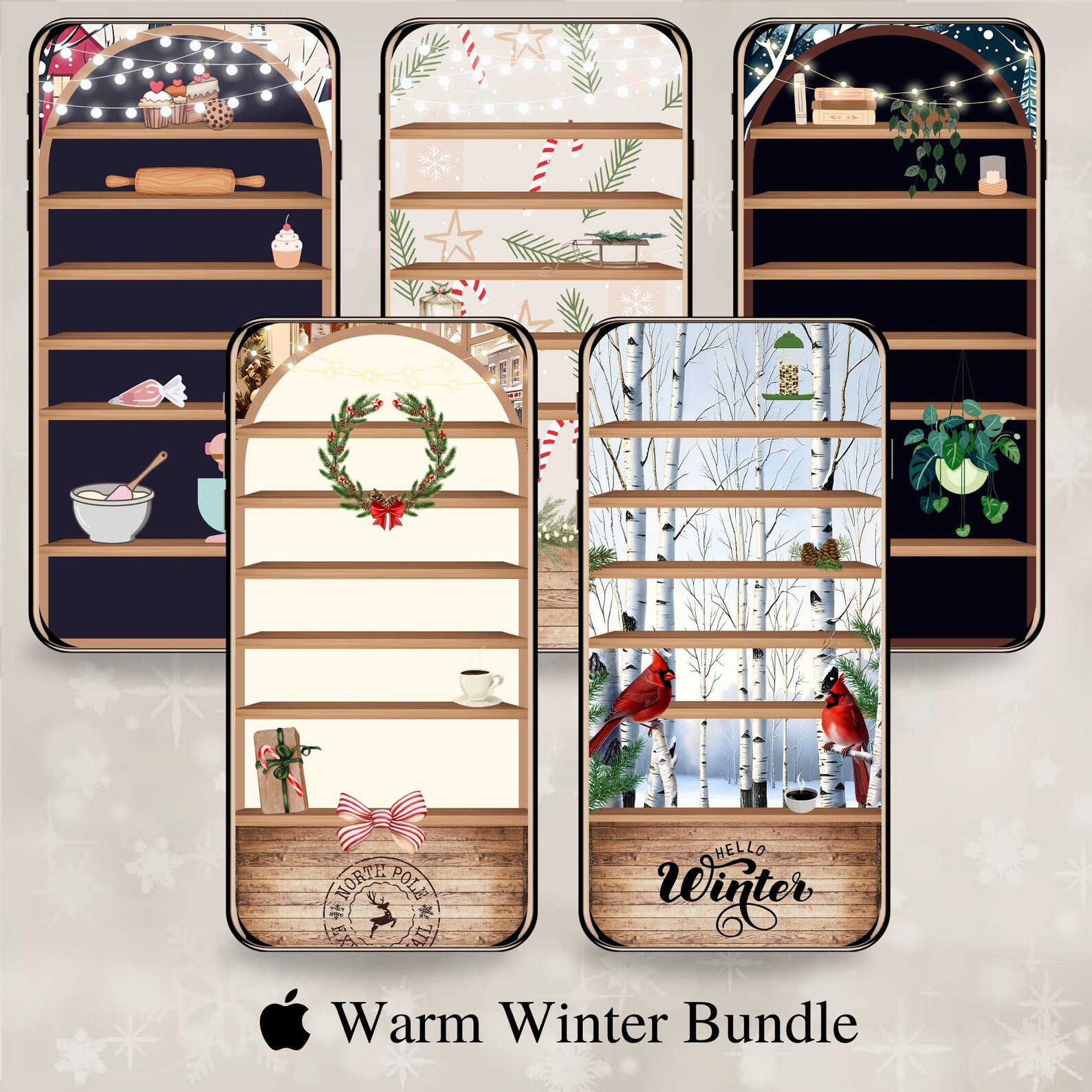 Warm Winter Bookshelf Wallpaper Bundle for iPhone Ios 18 Large Icons ...