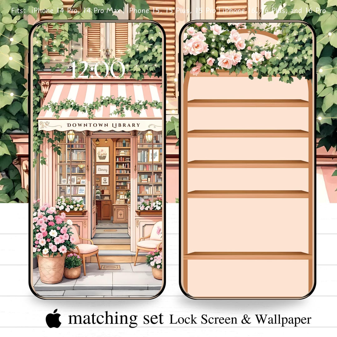 Cute Downtown Library iPhone Wallpaper Lock Screen & Home Set | 14 Pro ...