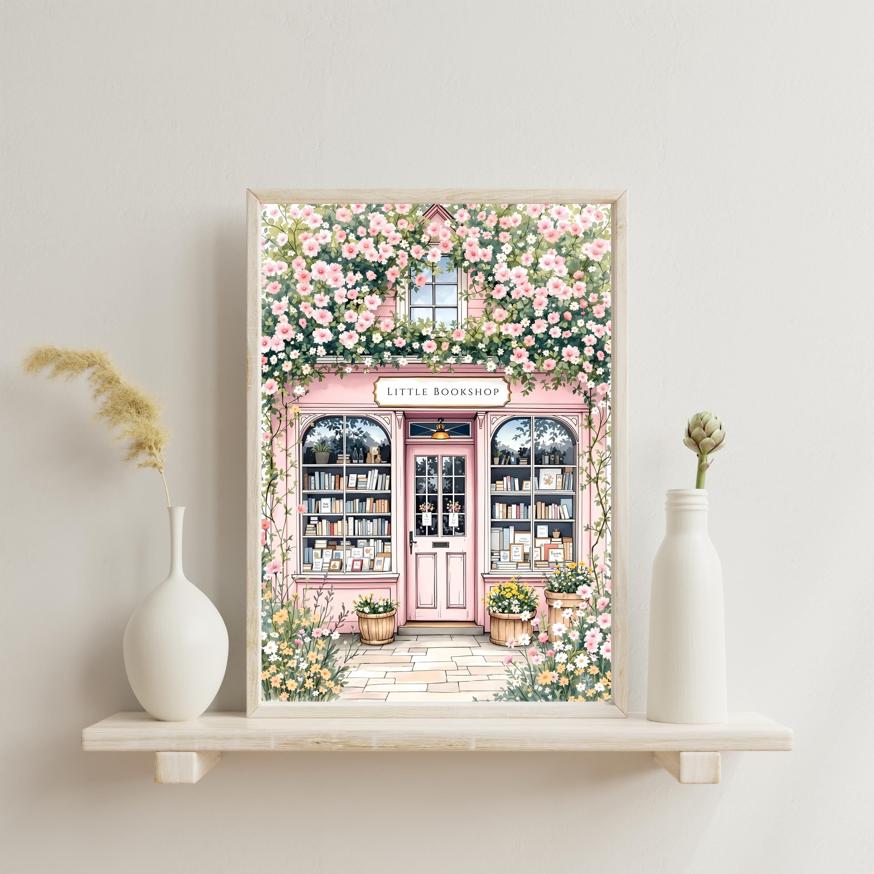 Whimsical Bookshop Watercolor Print: Cottage Bookstore Wall Art ...