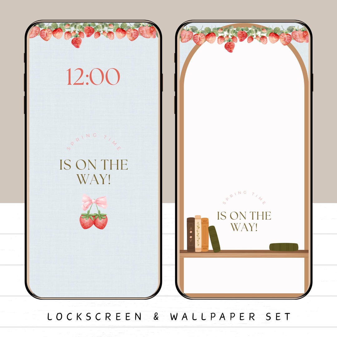 Strawberry Springtime Bookshelf Phone Wallpaper | Ios 18+ Large Icons ...