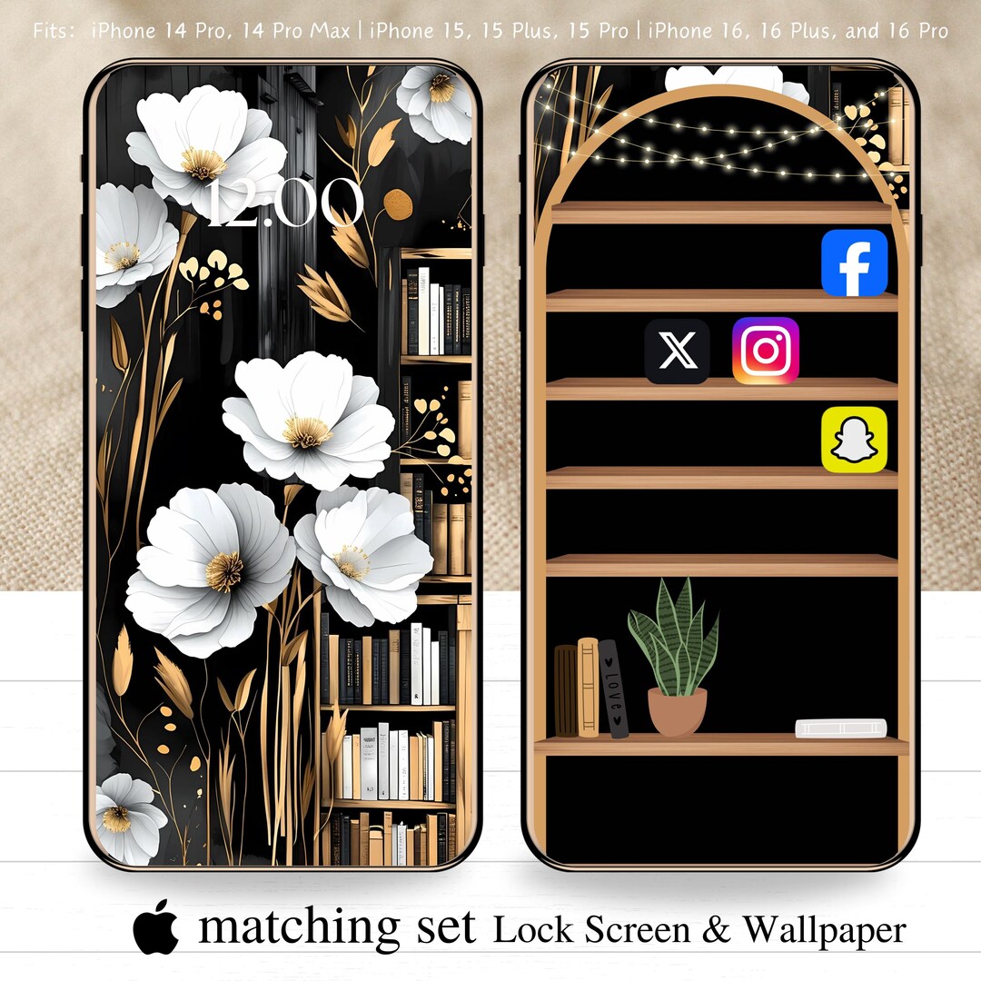 Floral Library iPhone Wallpaper: Bookish Lock Screen Set (digital ...