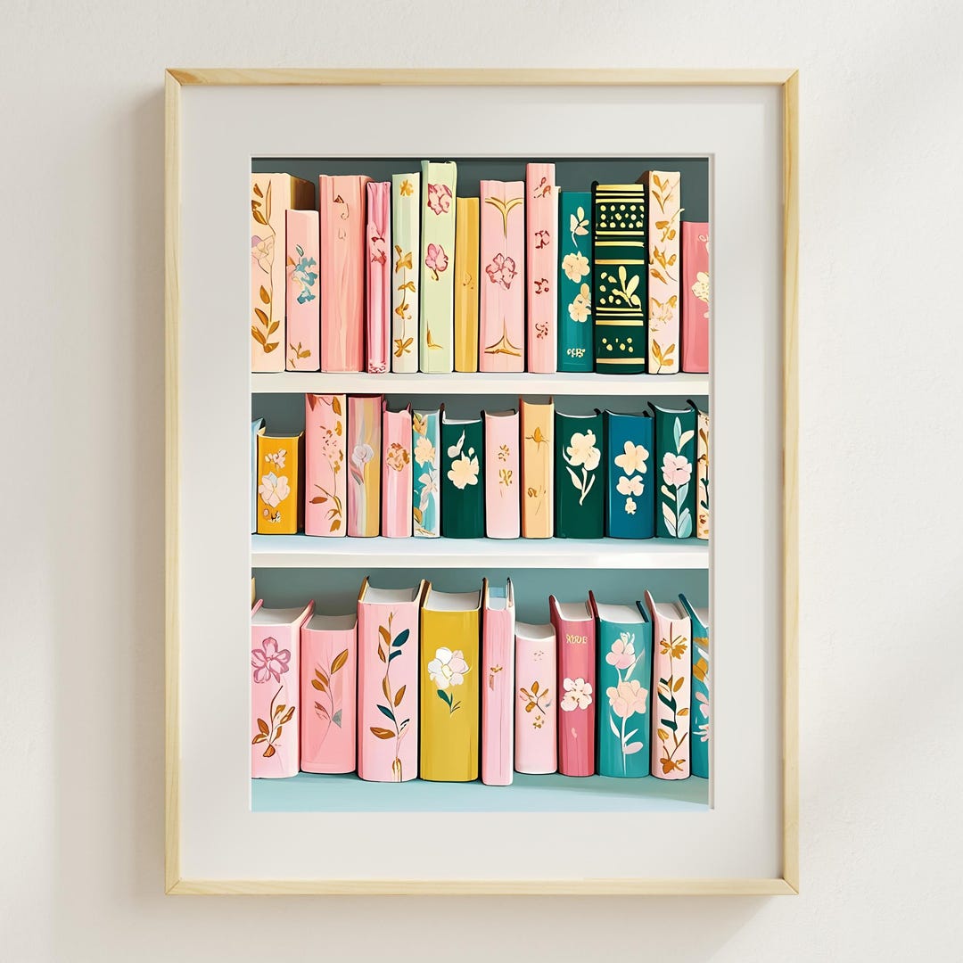 Pastel Bookshelf Painting Digital Print Whimsical Bookshelf Wall Art ...