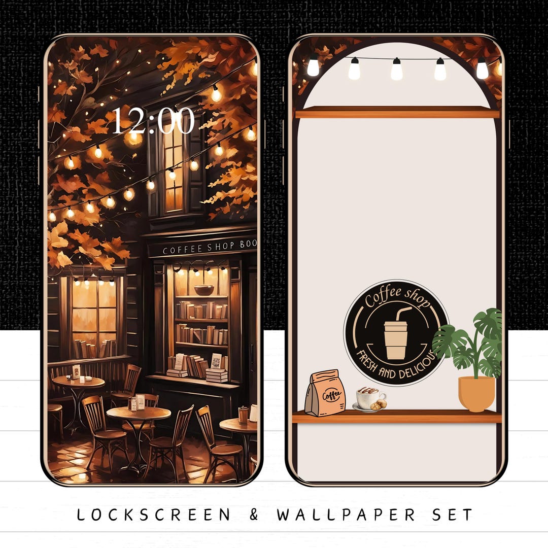 Fall Cafe Bookshelf Wallpaper for All Phones| Matching Set Lock Screen ...
