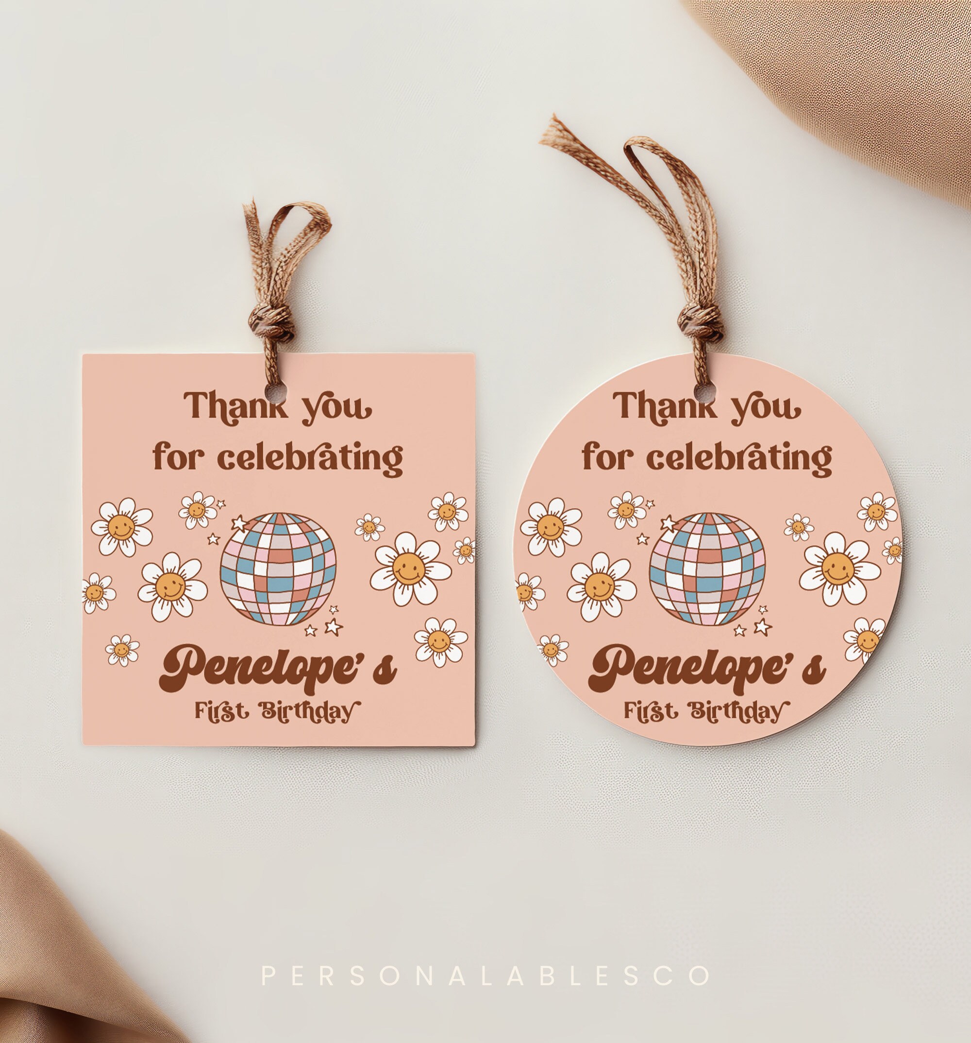 Editable Groovy Favor Tags Circle & Square Retro Party Diy Treats Label ...