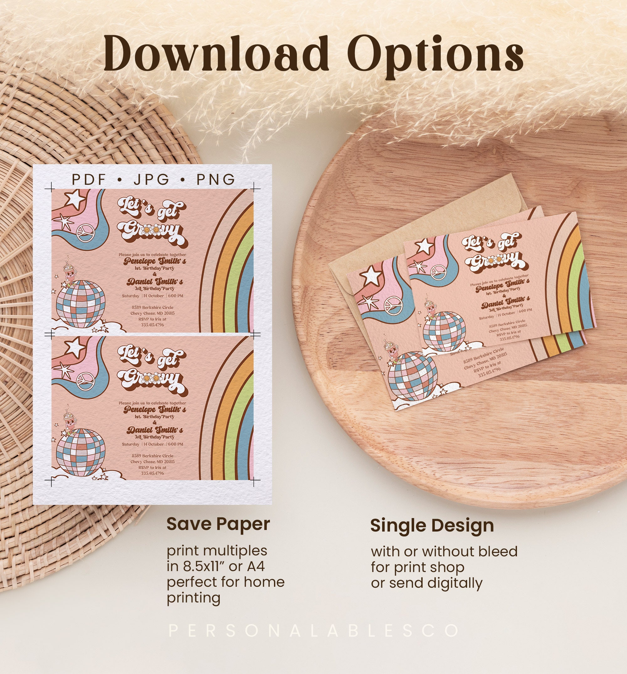 Editable Let's Get Groovy Joint Birthday Party Invitation Retro Hippie ...