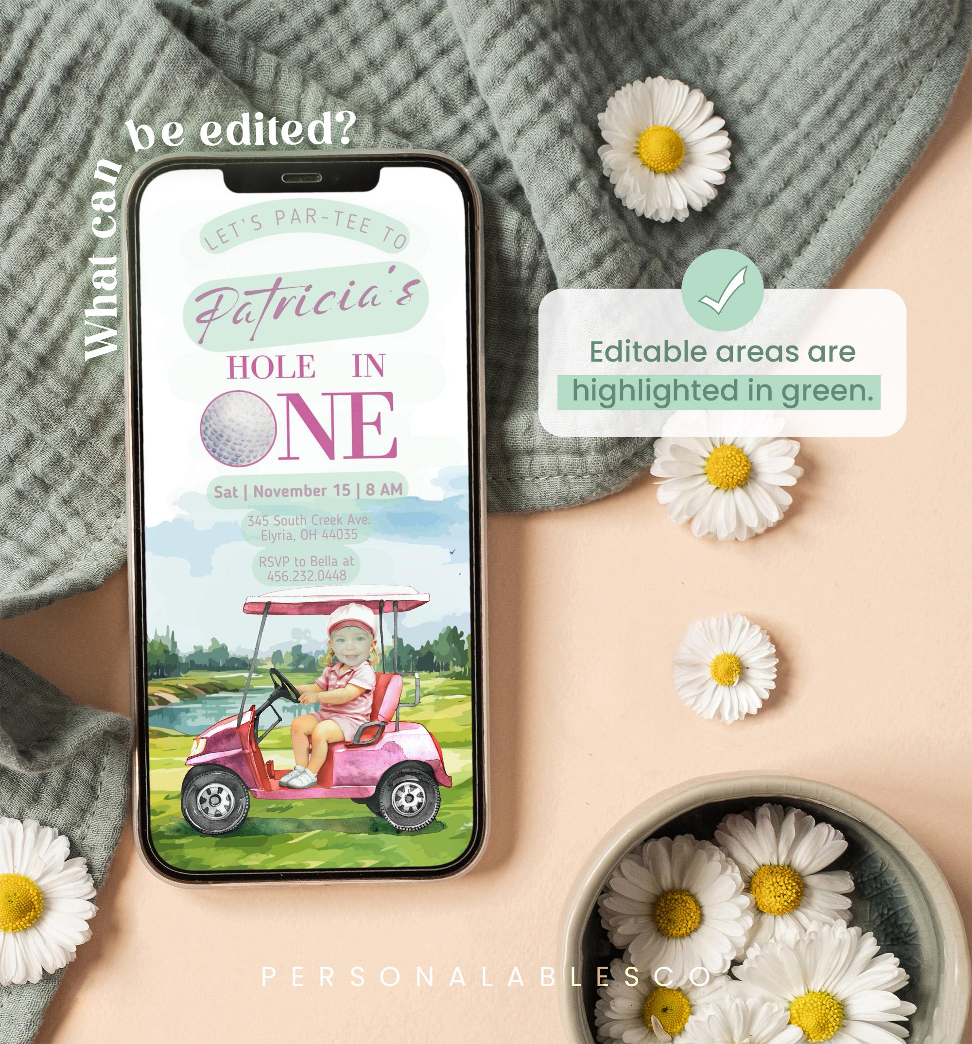 Editable Hole in One Pink Golf 1st Birthday Animated Invitation With ...