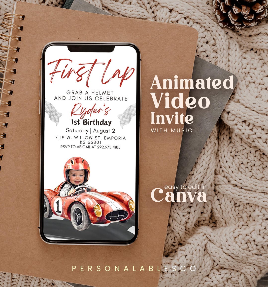 Editable First Lap Race Car 1st Birthday Animated Invitation With Photo ...