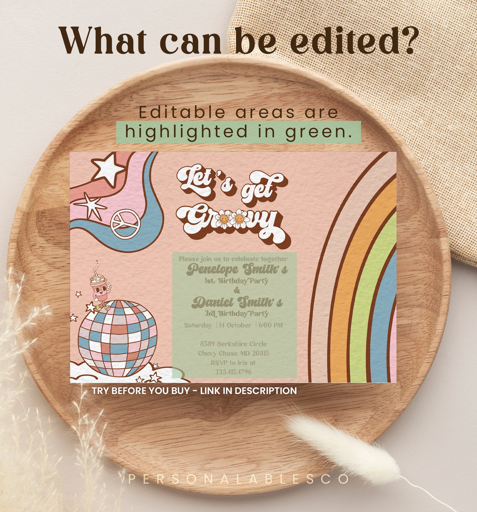 Editable Let's Get Groovy Joint Birthday Party Invitation Retro Hippie ...