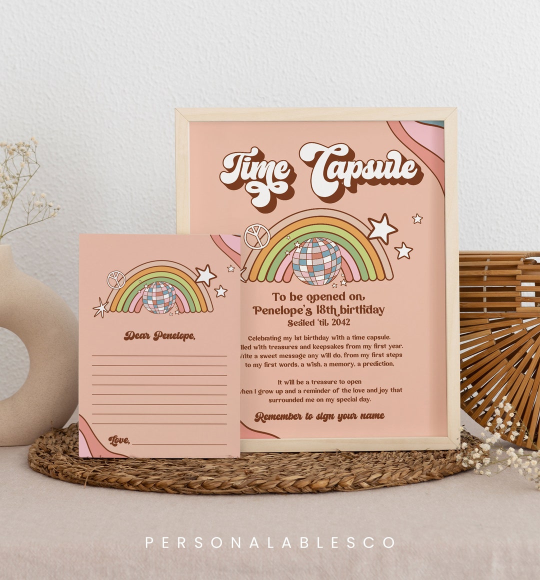 Editable Groovy Time Capsule Card and Sign Hippie First Birthday Wishes ...