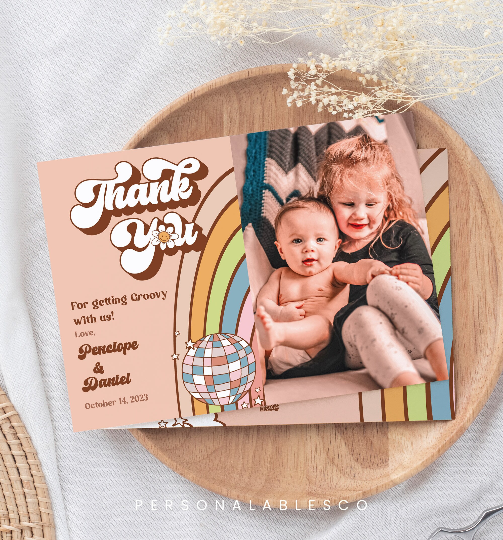 Editable Groovy Joint Birthday Thank You Card Girl & Boy Birthday Photo ...