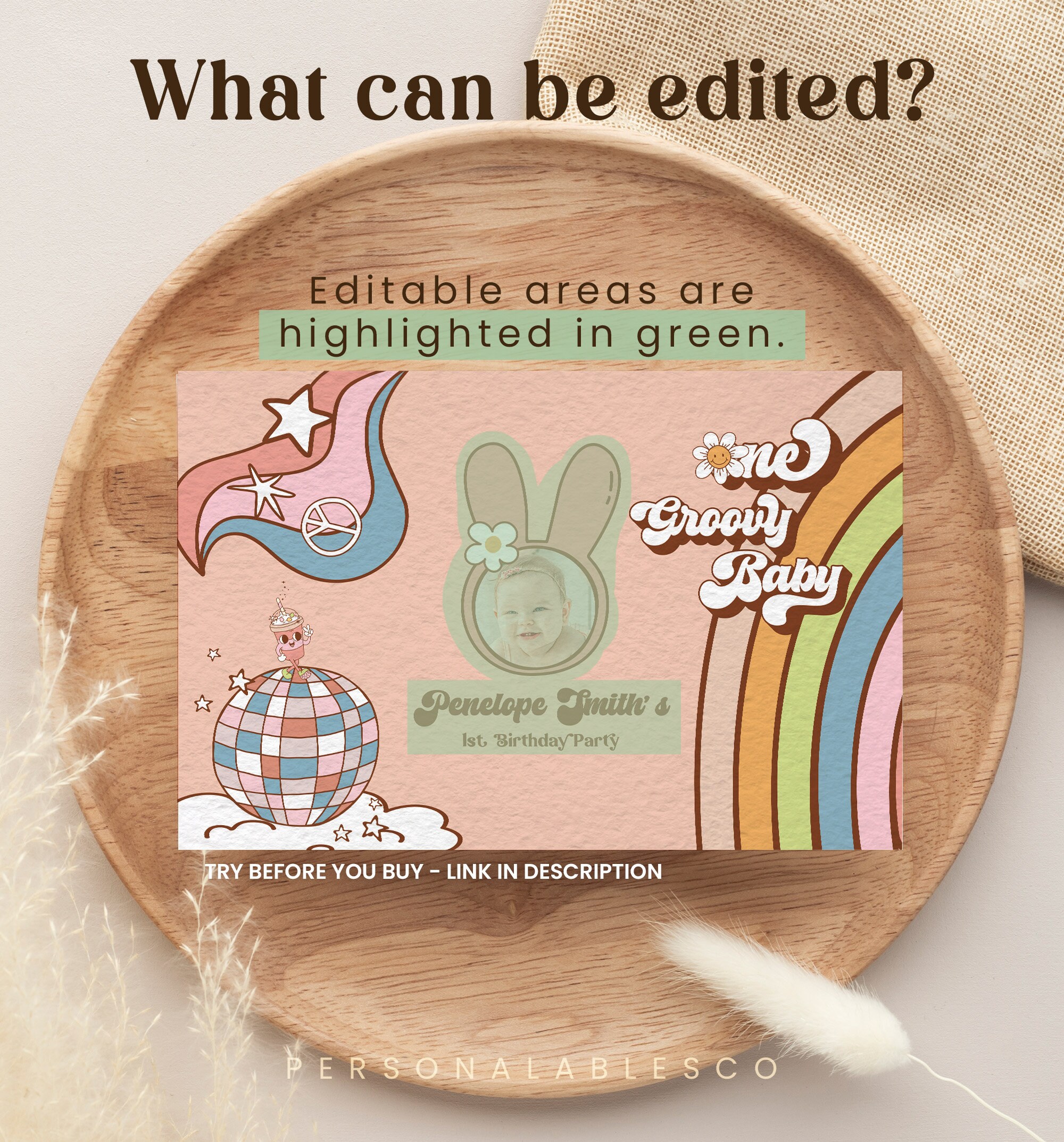 Editable Groovy Birthday Backdrop Banner Template With Photo Hippie ...