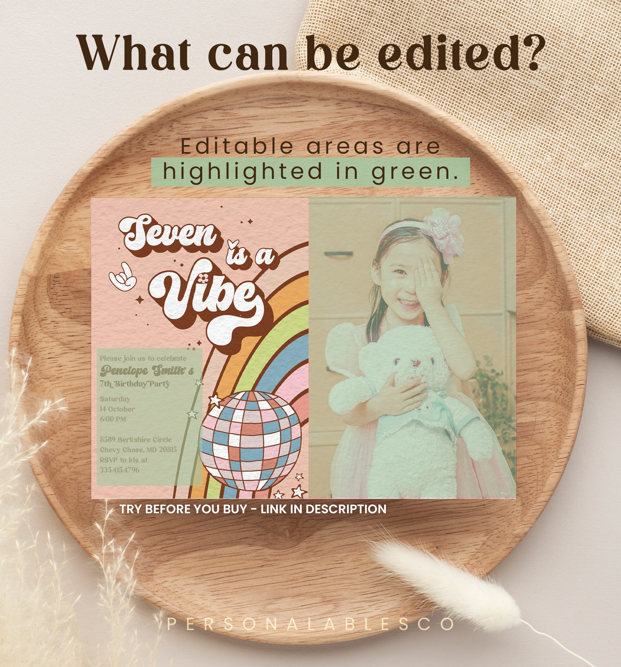 Editable Seven is A Vibe Groovy 7th DIY Birthday Photo Invitation Retro ...