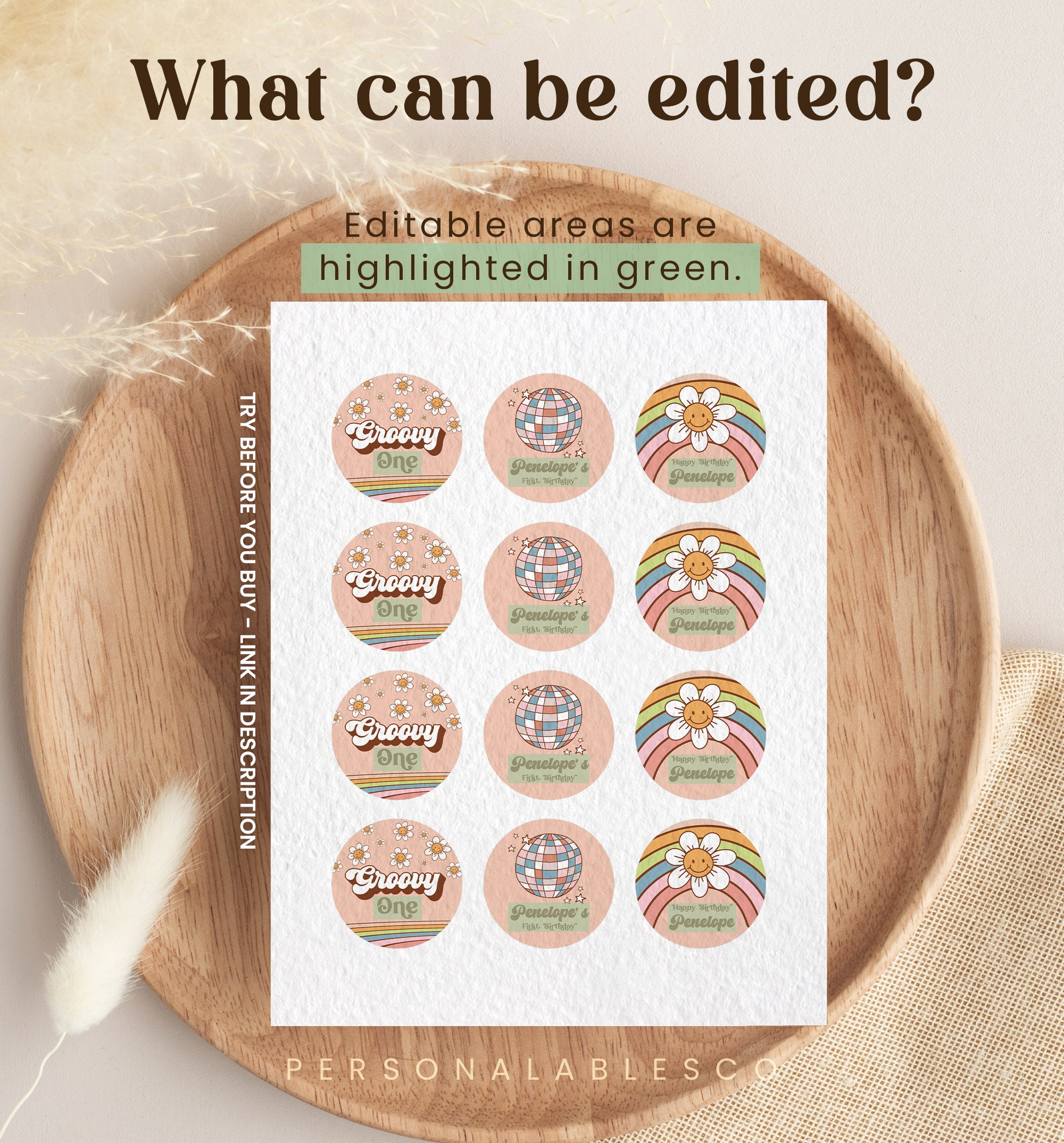 Editable Groovy Cupcake Topper Hippie Birthday Party Décor Custom Name ...